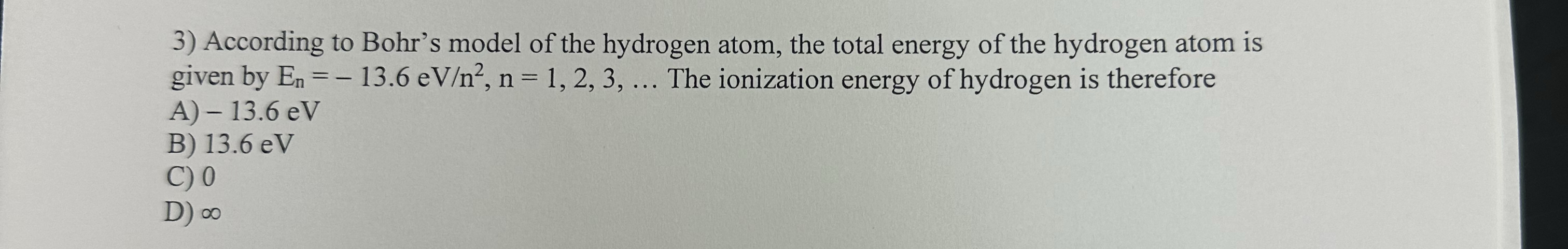 Solved According to Bohr's model of the hydrogen atom, the | Chegg.com