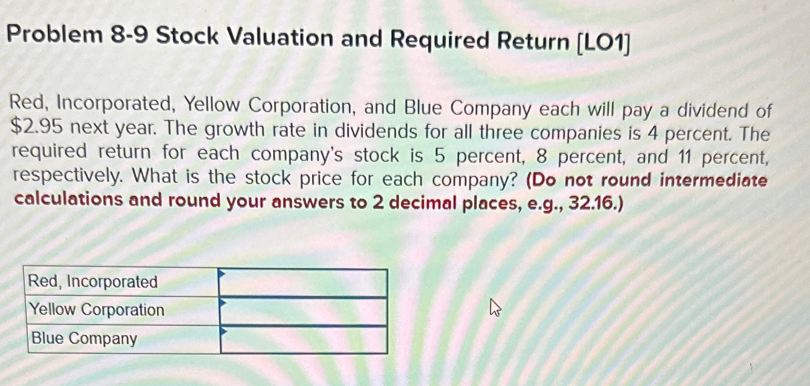 Solved Problem 8-9 ﻿Stock Valuation and Required Return | Chegg.com