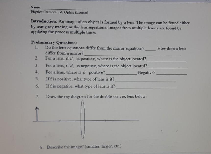 Solved Name Physics: Remote Lab Optics (Lenses) a | Chegg.com