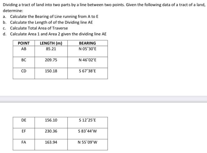 Solved Dividing a tract of land into two parts by a line | Chegg.com