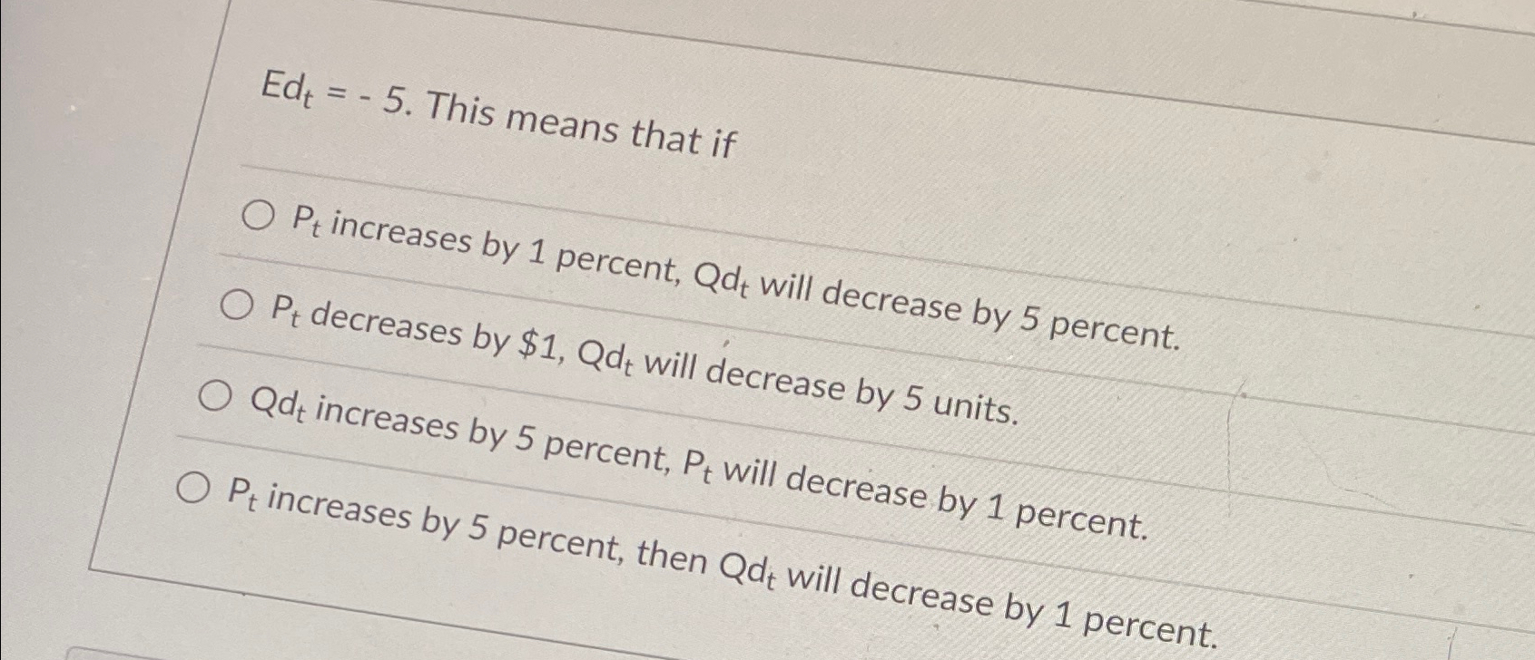 Solved Edt=-5. ﻿This means that ifPt ﻿increases by 1 | Chegg.com