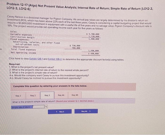 Solved Problem 12-17 (Algo) Net Present Value Analysis; | Chegg.com