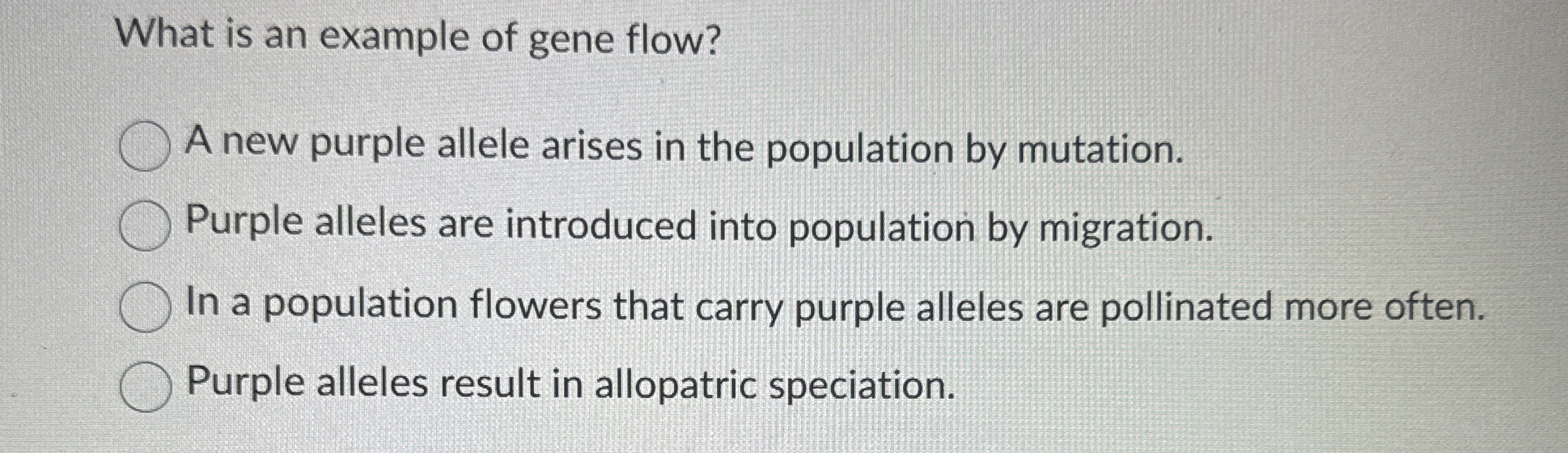 Solved What is an example of gene flow?A new purple allele | Chegg.com