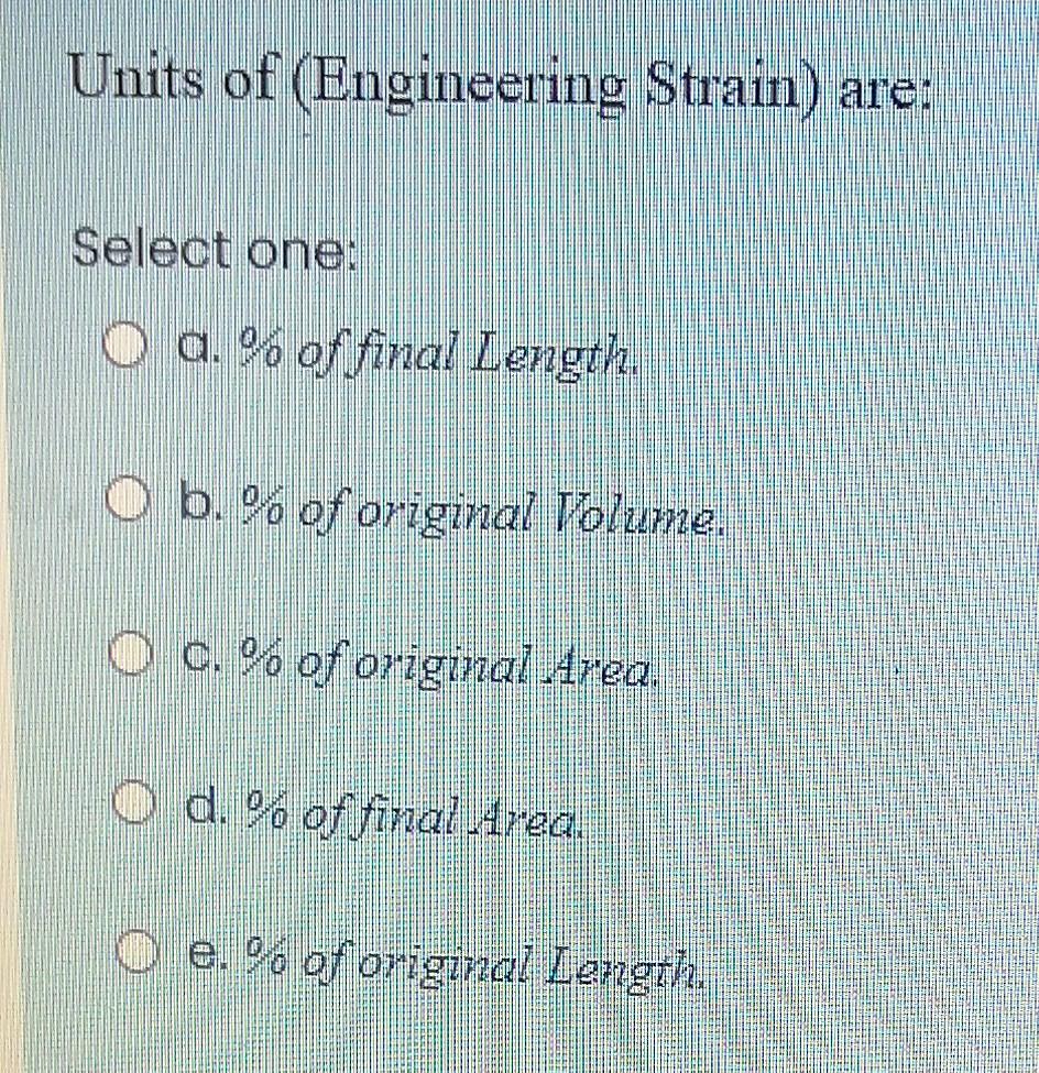 Solved Units of (Engineering Strain) are: Select one: O a. % | Chegg.com
