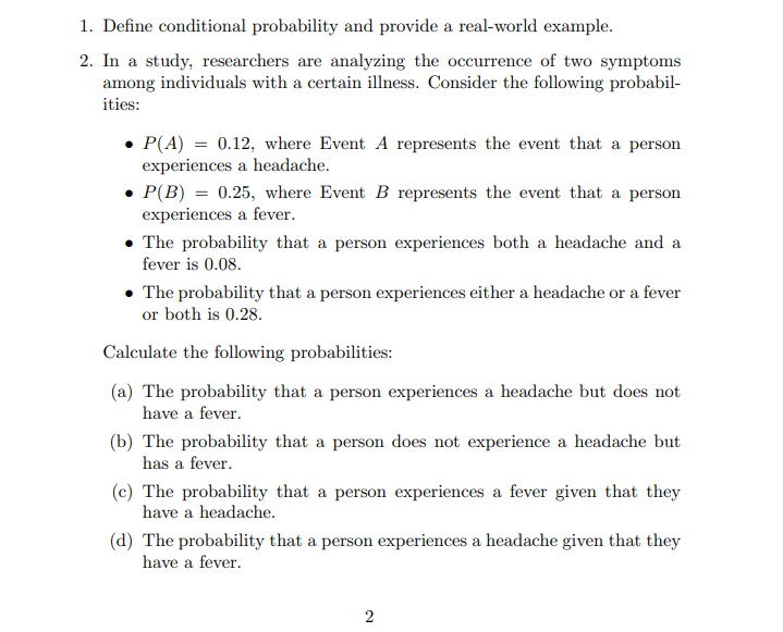 Solved Define conditional probability and provide a | Chegg.com