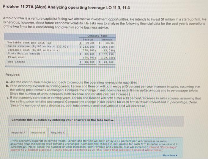 Solved Problem 11-27A (Algo) Analyzing operating leverage LO | Chegg.com