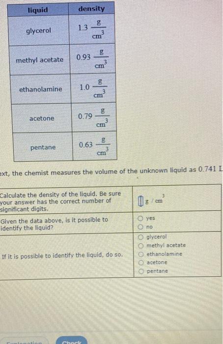 Solved volume or unknown liquid as 0.741L and mass of the | Chegg.com