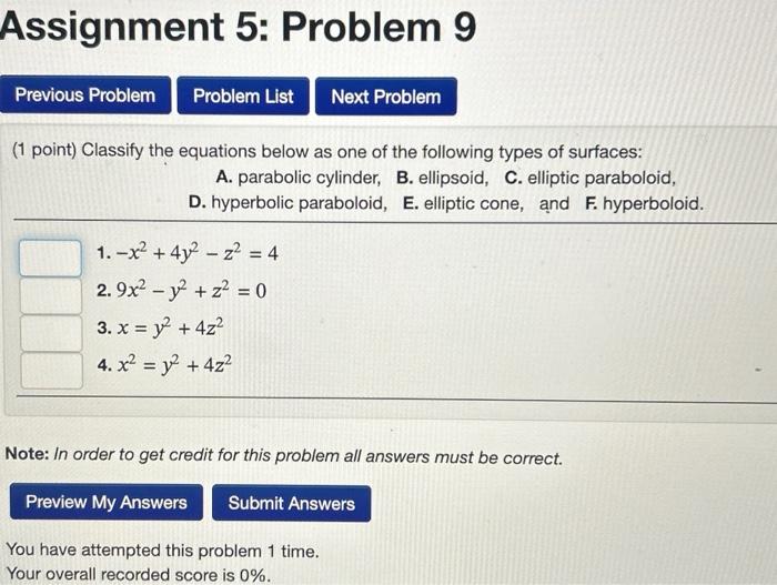 Solved (1 point) Classify the equations below as one of the | Chegg.com