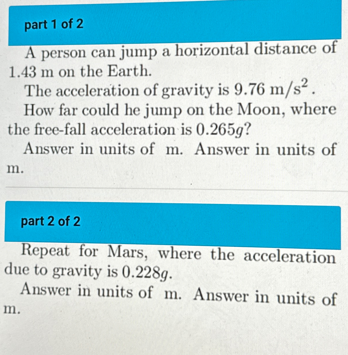 Solved part 1 ﻿of 2A person can jump a horizontal distance | Chegg.com
