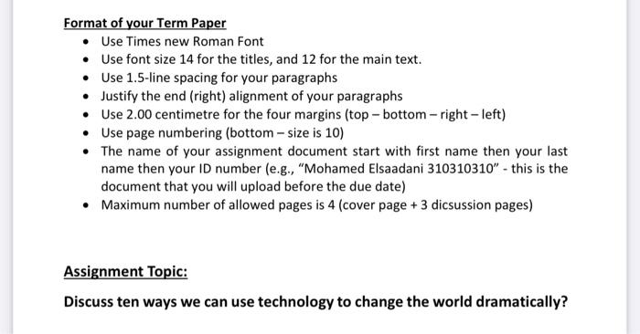 Solved Format of your Term Paper • Use Times new Roman Font | Chegg.com