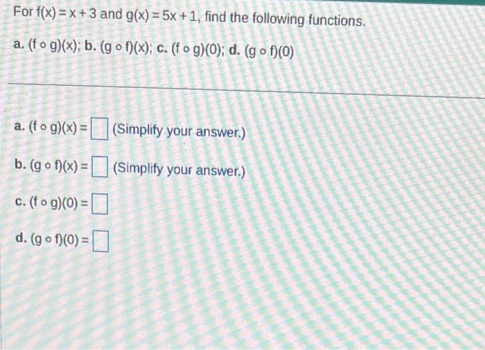 Solved For f(x)=x+3 and g(x)=5x+1, find the following | Chegg.com