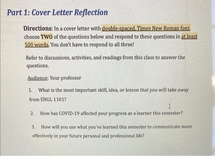 Solved Part 1: Cover Letter Reflection Directions: In a | Chegg.com