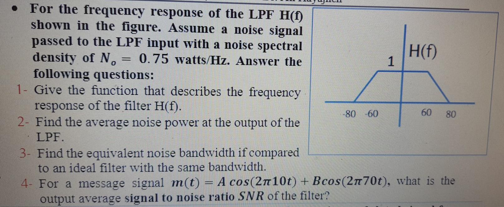 Solved • For the frequency response of the LPF H(f) shown in | Chegg.com