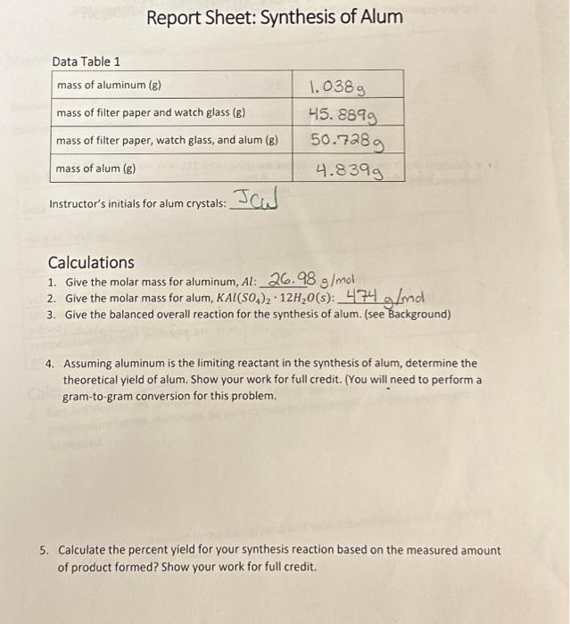 Solved Report Sheet: Synthesis of Alum Instructor's initials | Chegg.com