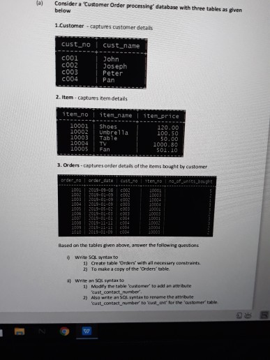 Solved (a) Consider a Customer Order processing database | Chegg.com