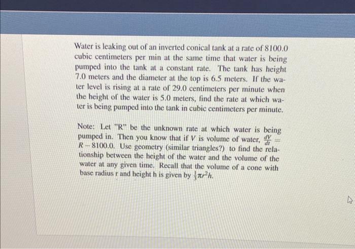 Solved Water is leaking out of an inverted conical tank at a | Chegg.com