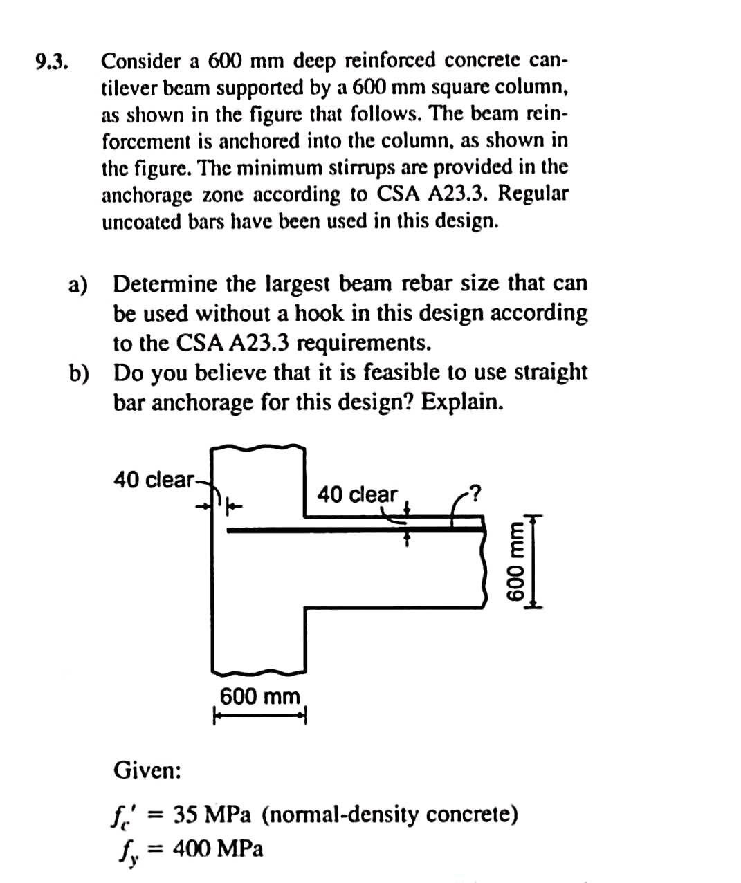Solved 9.3. Consider a 600 mm deep reinforced concrete can- | Chegg.com
