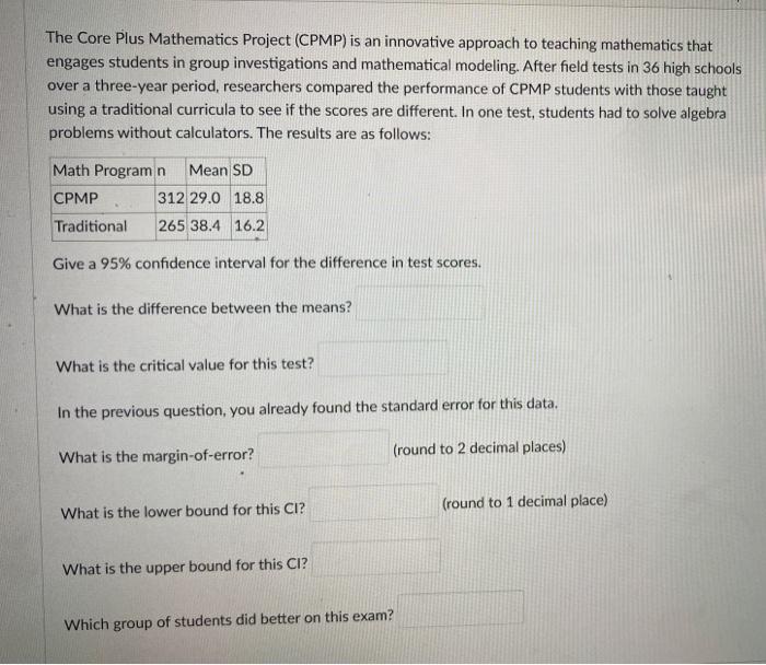 Solved The Core Plus Mathematics Project (CPMP) is an | Chegg.com