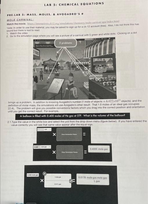 PRE-LAB 5: MASS, MOLES, \& AVOGADRO'5 = MOLE | Chegg.com