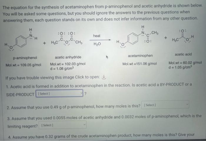 The equation for the synthesis of acetaminophen from | Chegg.com