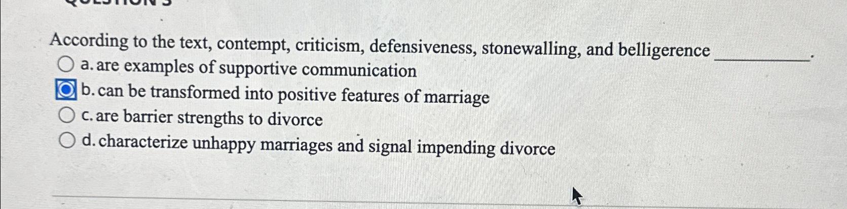 Solved According to the text, contempt, criticism, | Chegg.com