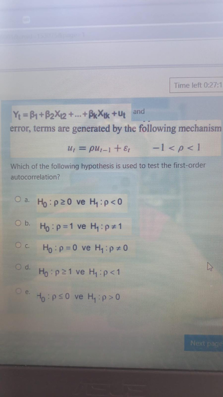 Solved Time left 0:27:1Yt=β1+β2xt2+dots+βkxtk+ut ﻿and error, | Chegg.com