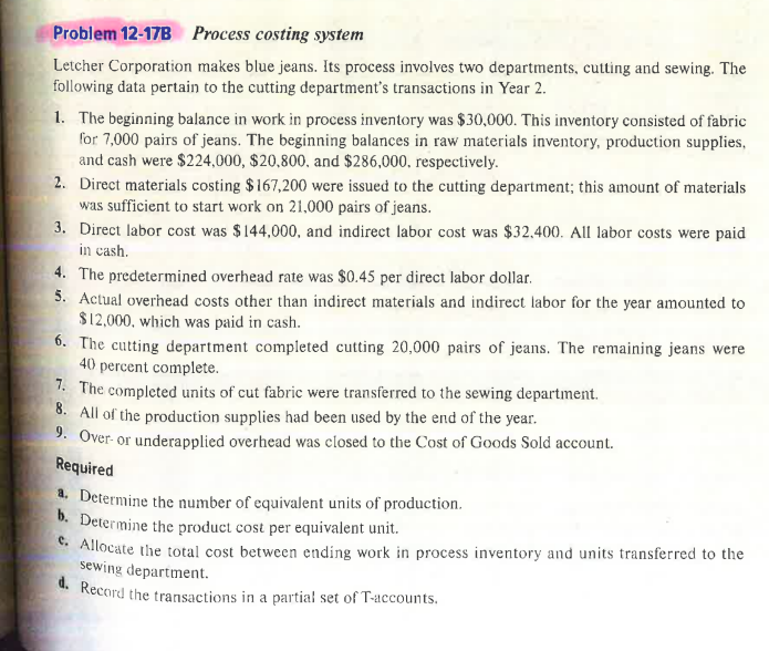 Solved Problem 12-17B Process costing systemLetcher | Chegg.com