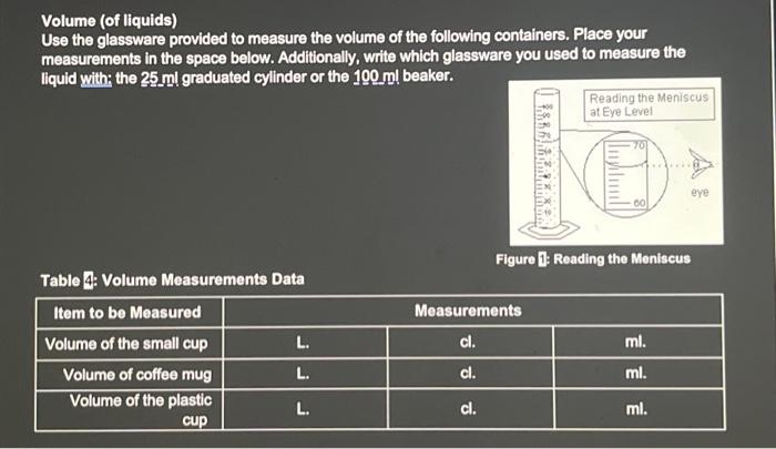 Solved Volume (of liquids) Use the glassware provided to | Chegg.com
