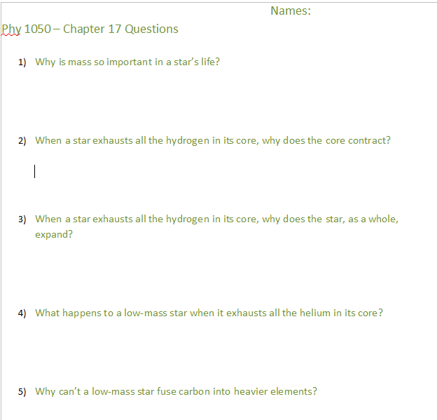 Solved Names:Phy 1050 - ﻿Chapter 17 ﻿QuestionsWhen a star | Chegg.com