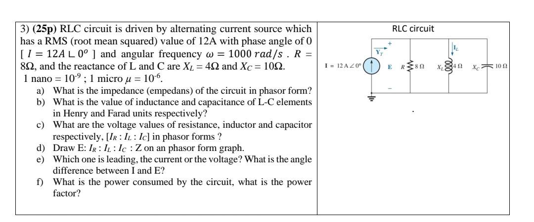 Solved 3) (25p) RLC circuit is driven by alternating current | Chegg.com