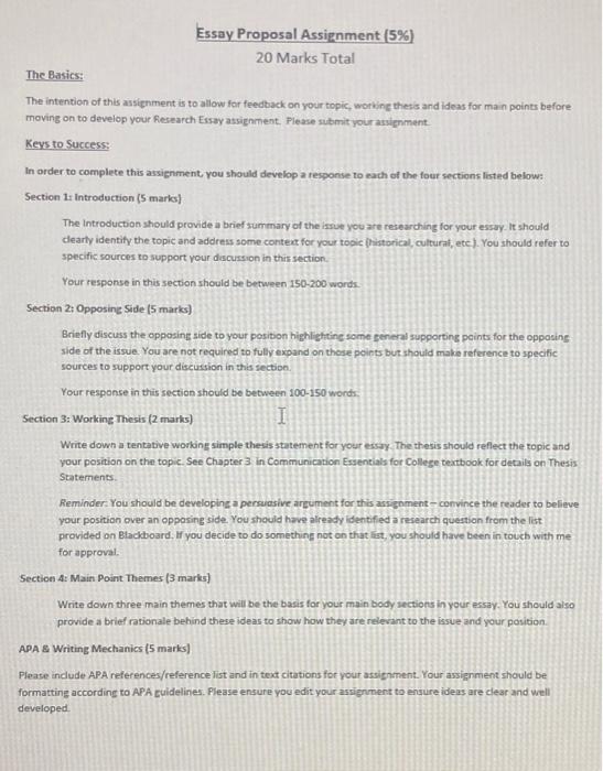 Essay Proposal Assiznment (5\%) 20 Marks Total The | Chegg.com