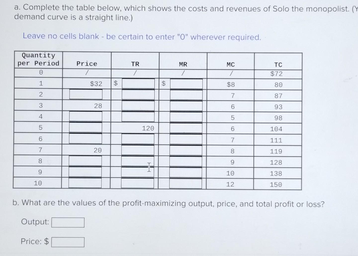 Solved a. Complete the table below, which shows the costs | Chegg.com