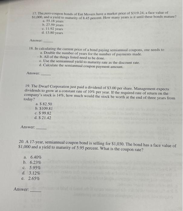 Solved 17. The ,zero-coupon bonds of Ent Movers have a | Chegg.com