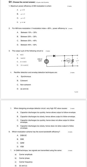 Solved 1. Maxmum power efficiency of AM modulation is when: | Chegg.com