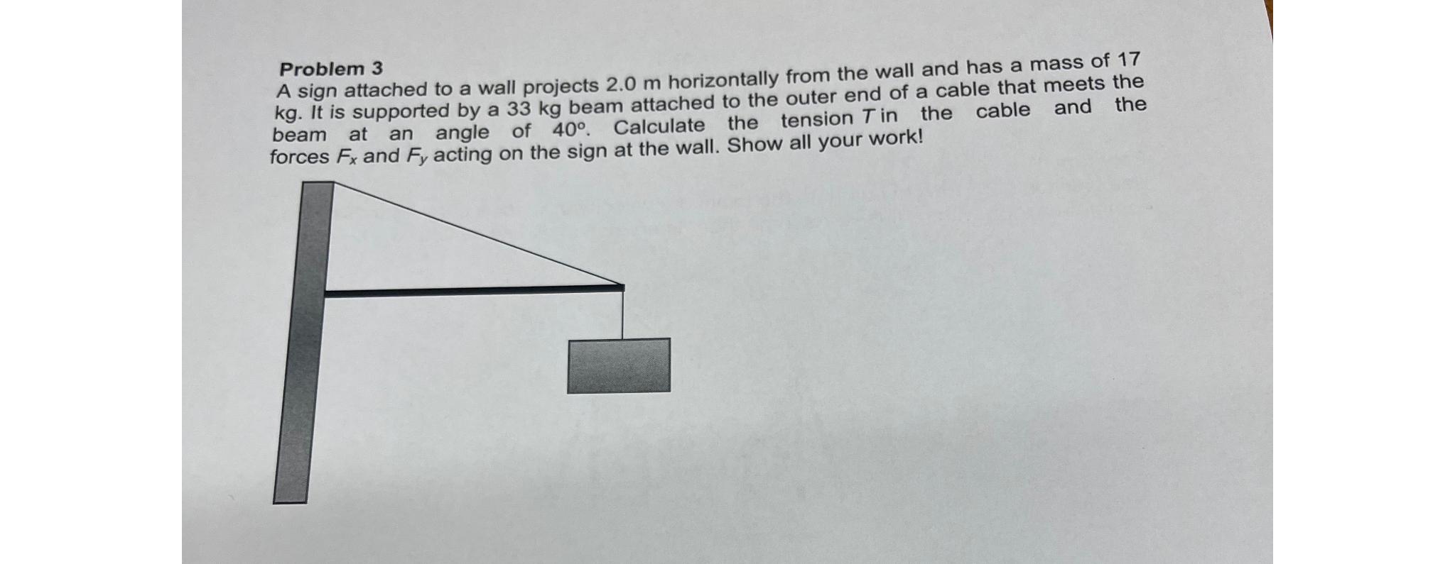 Solved Problem 3A sign attached to a wall projects 2.0m | Chegg.com
