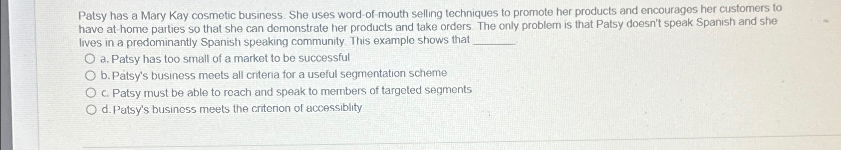 Solved Patsy has a Mary Kay cosmetic business. She uses | Chegg.com