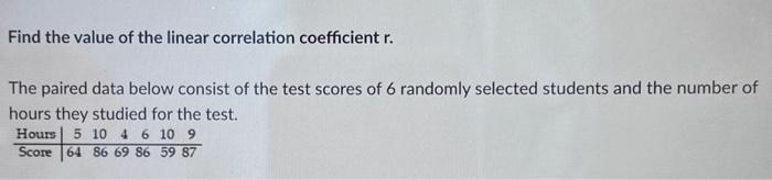 Solved Find The Value Of The Linear Correlation Coefficient