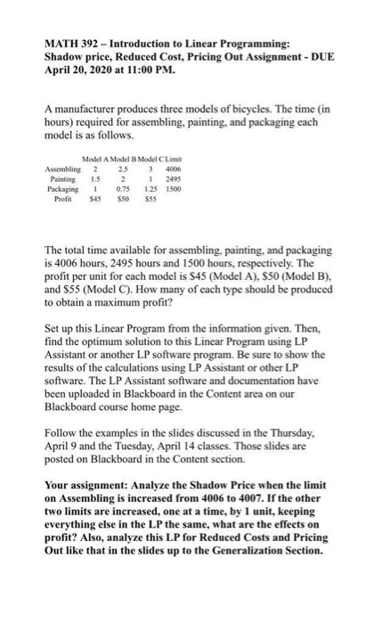 MATH 392 - Introduction to Linear Programming: Shadow | Chegg.com