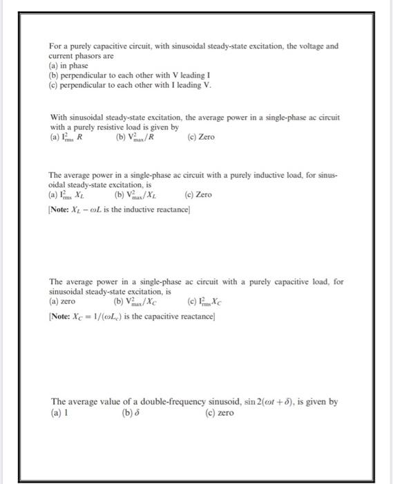 Solved For a purely capacitive circuit, with sinusoidal | Chegg.com
