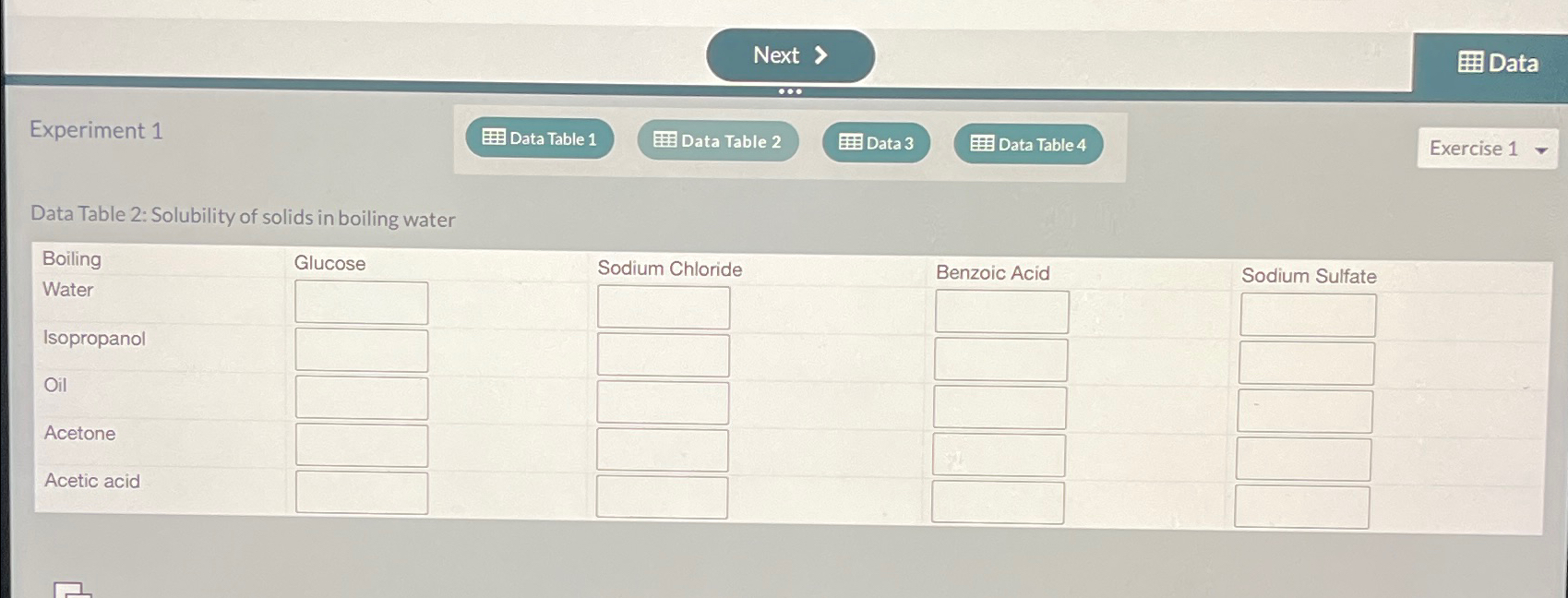 Solved NextExperiment 1Data Table 2: Solubility of solids in | Chegg.com