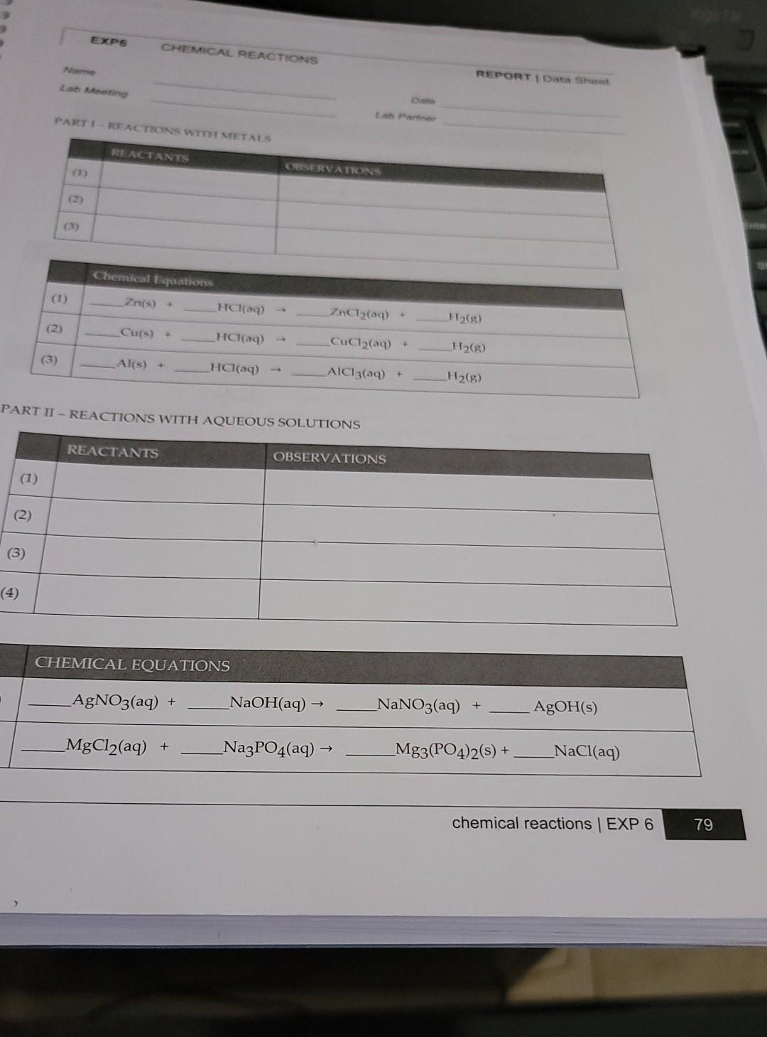 Solved EXP5 CHEMICAL REACTIONS REPORT Data Sheet Labin PARTE | Chegg.com