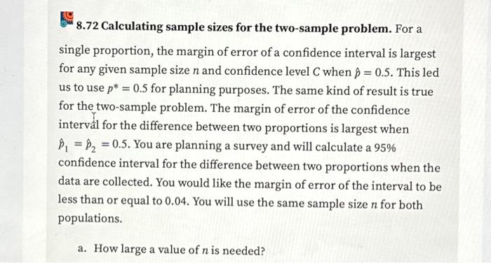 Solved 872 Calculating Sample Sizes For The Two Sample 7358