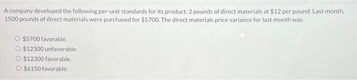 Solved A company developed the following per-unit standards | Chegg.com