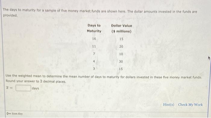 Solved The days to maturity for a sample of five money | Chegg.com