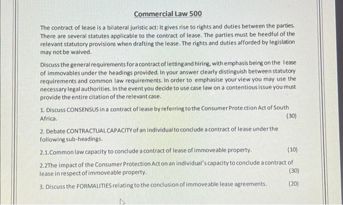The contract of lease is a bilateral juristic act: It | Chegg.com