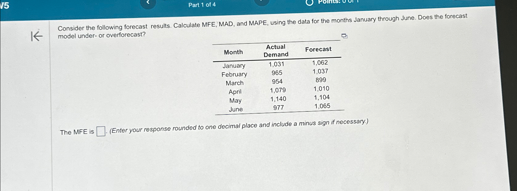 Solved Part 1 ﻿of 4Consider the following forecast results. | Chegg.com
