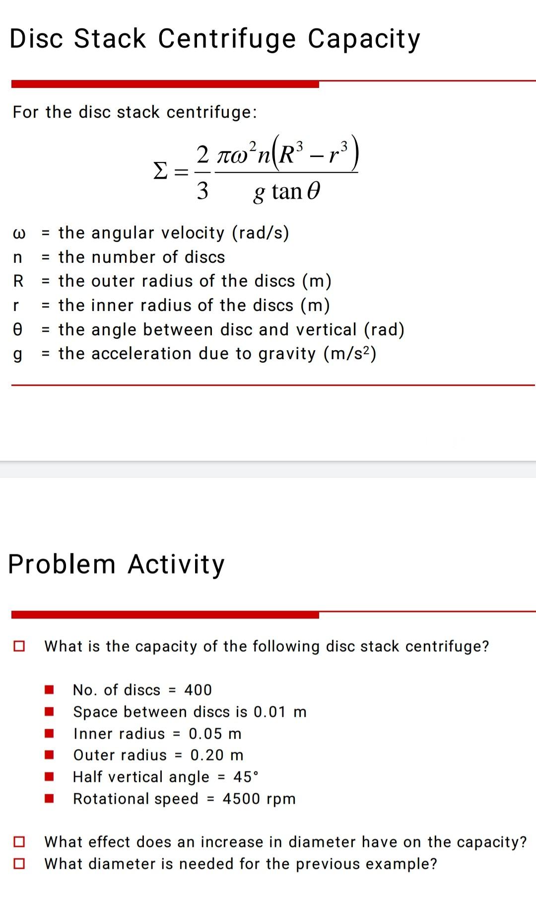 Solved Disc Stack Centrifuge Capacity For the disc stack | Chegg.com