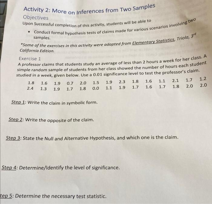 Solved Activity 2: More on Inferences from Two Samples | Chegg.com