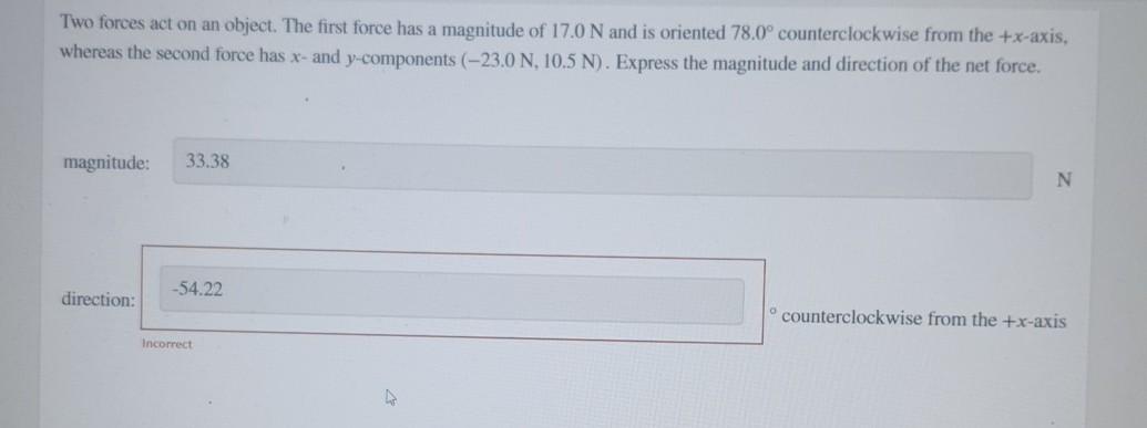 Solved Two Forces Act On An Object The First Force Has A