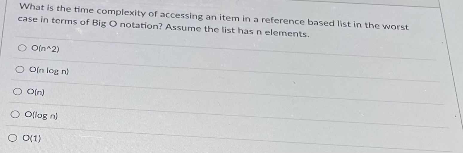 Solved What is the time complexity of accessing an item in a | Chegg.com